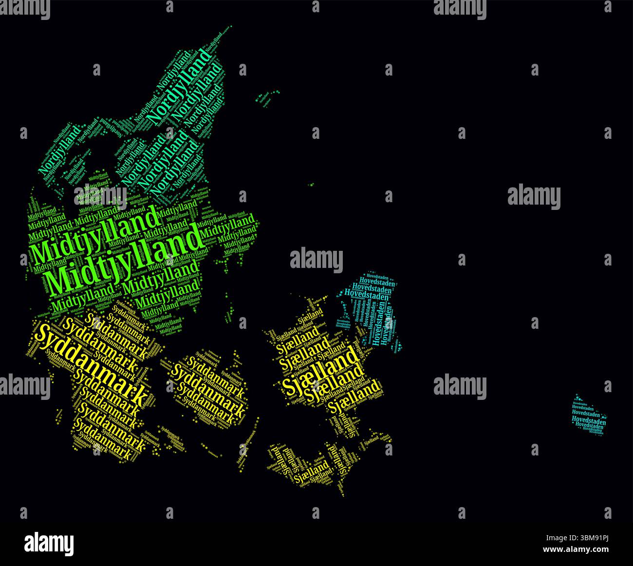 Denmark Regions Word Clouds. Bright neon style design on dark ...