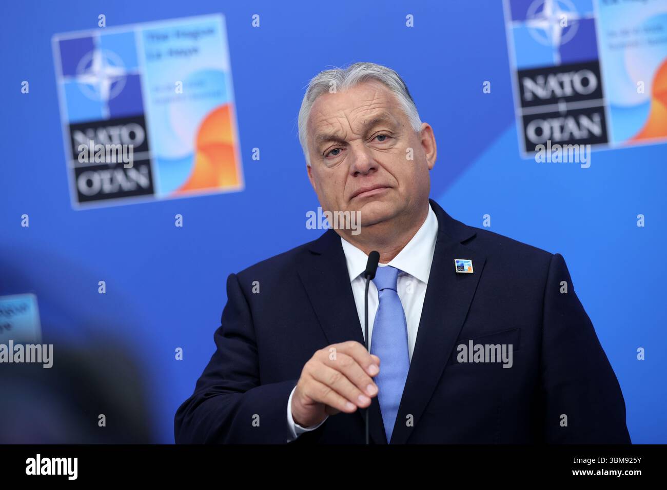 The Hague, Netherlands. 25th June, 2025. Hungarian Prime Minister Viktor Orban speaks to media ...