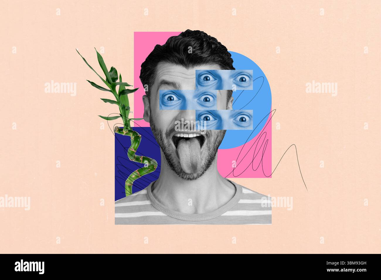 3D photo collage design trend sketch of young guy funny smile show ...