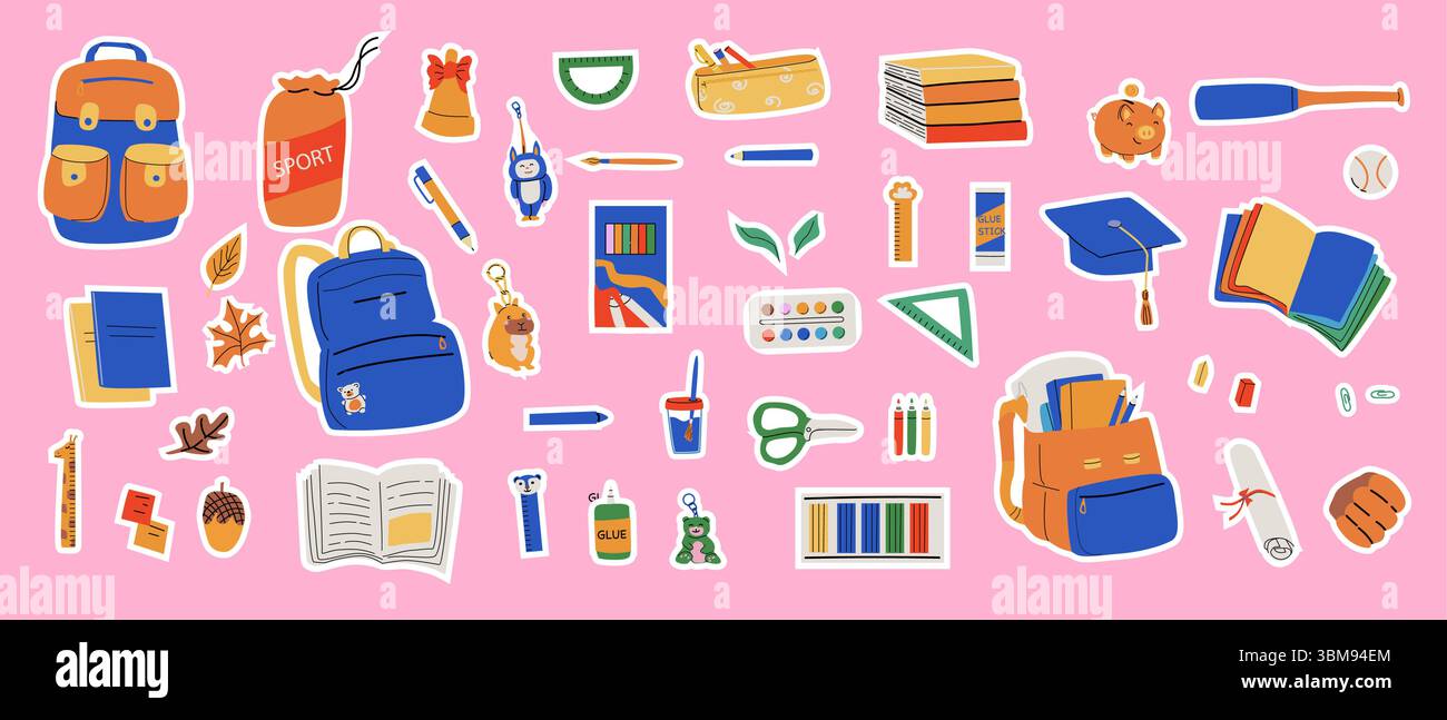 Colorful school supplies collection stickers for educational and ...