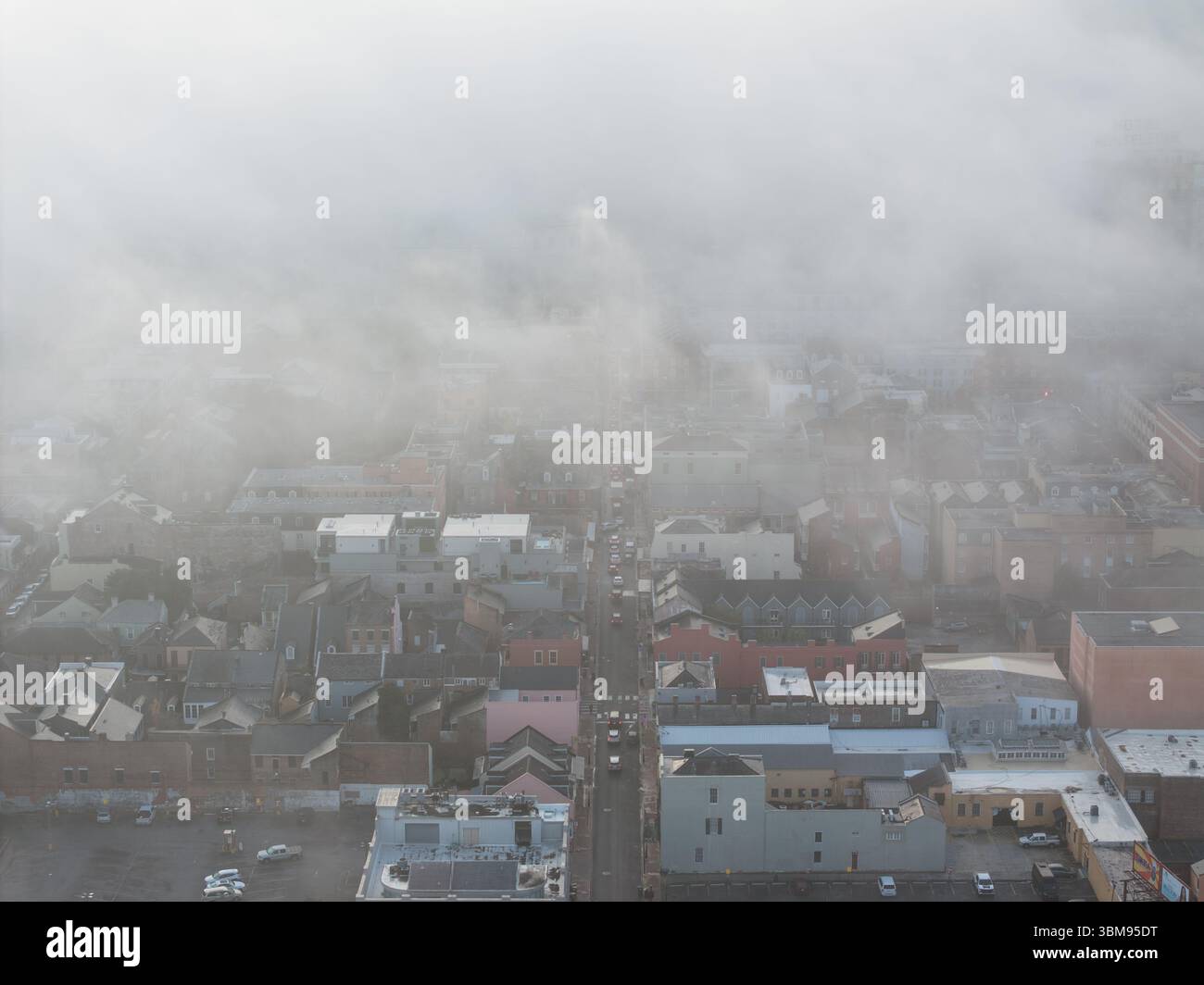 Aerial drone view of downtown New Orleans skyline shrouded in morning ...