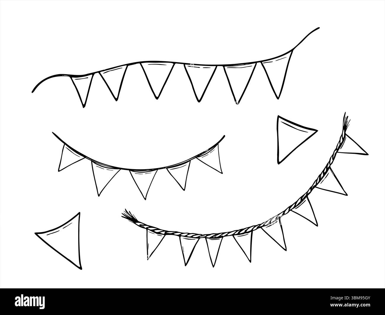 Vector set of various triangle flag garlands painted by black inks ...