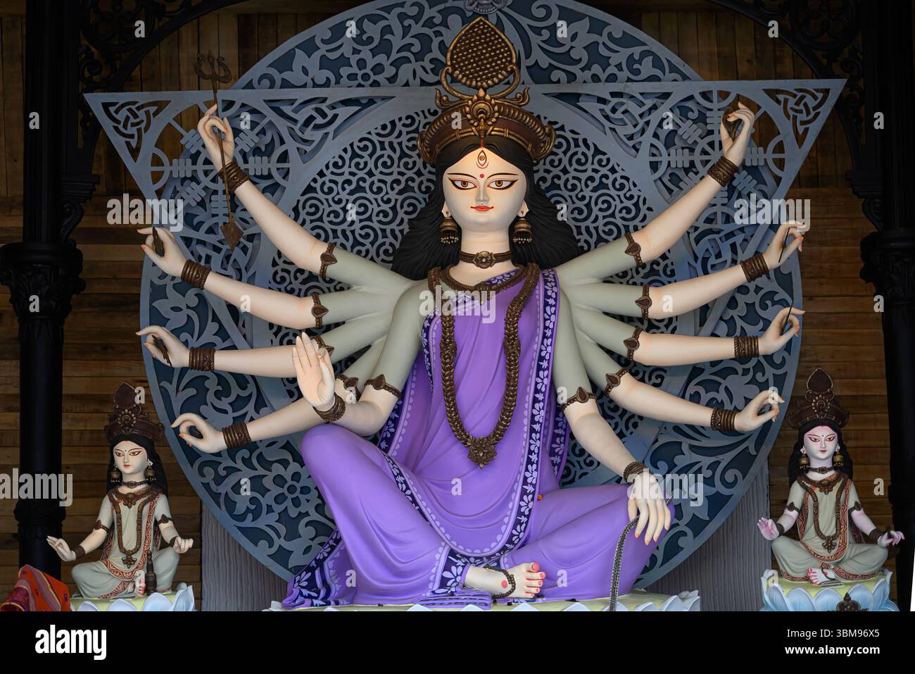 Idol of Goddess Devi Durga at a decorated puja pandal in Kolkata, West ...