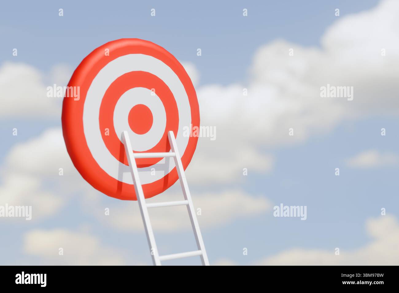 A ladder extends toward a red and white bullseye target in the sky ...