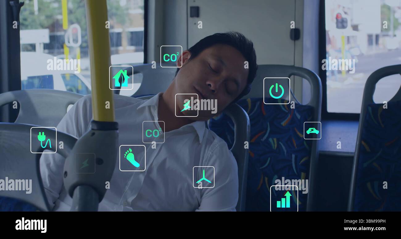 Sleeping commuter wearing white shirt on bus seat near handrail and ...