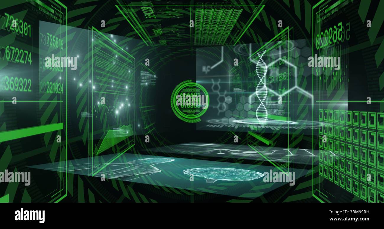 Displaying central DNA helix floating in virtual control room, with ...