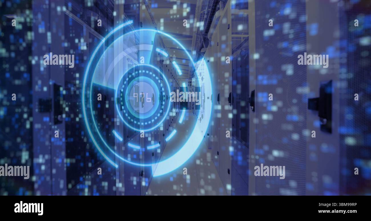 Holographic interface floating in data center, with server racks under ...