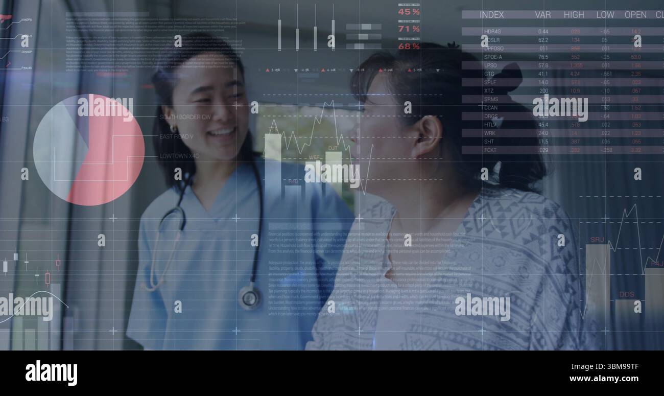 Observing nurse with stethoscope and patient reviewing data by hospital ...
