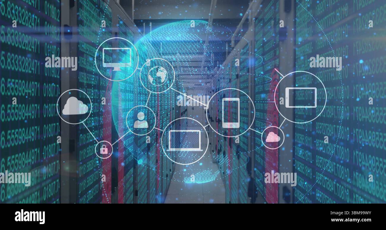 Displaying central digital network overlay spanning data center aisle, with globe connected ...