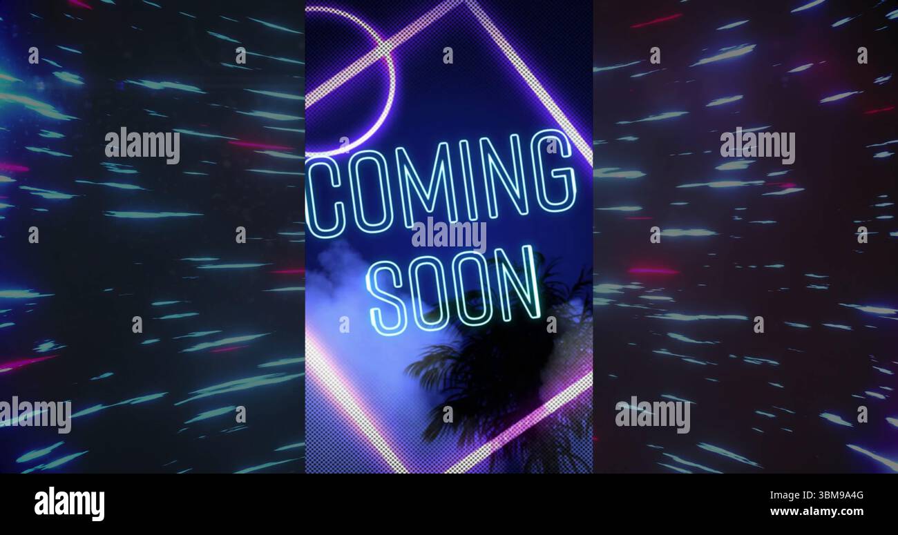 Displaying neon sign glowing COMING SOON text in digital tropical ...