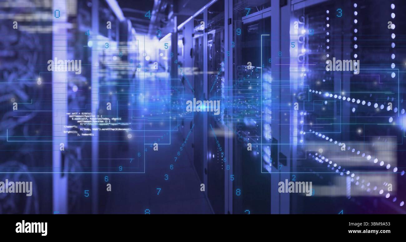 Displaying server racks streaming data in server room corridor, with ...