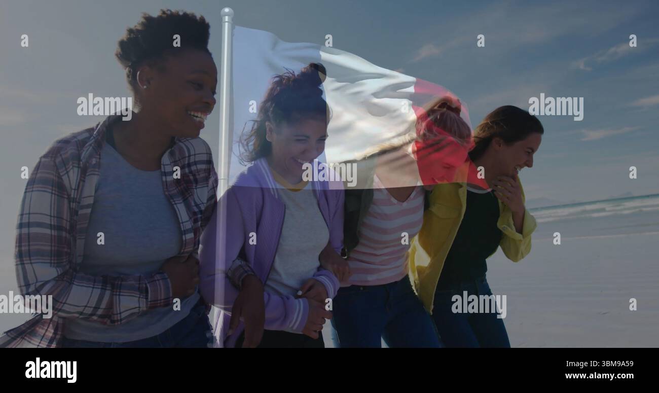 Walking four friends linking arms at sandy beach, with translucent ...