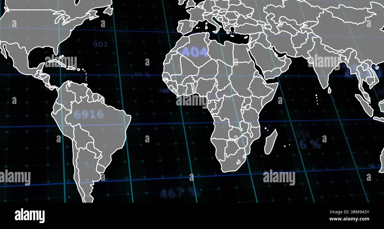 Displaying stylized world map outline hovering over dark grid dashboard, with numeric data ...