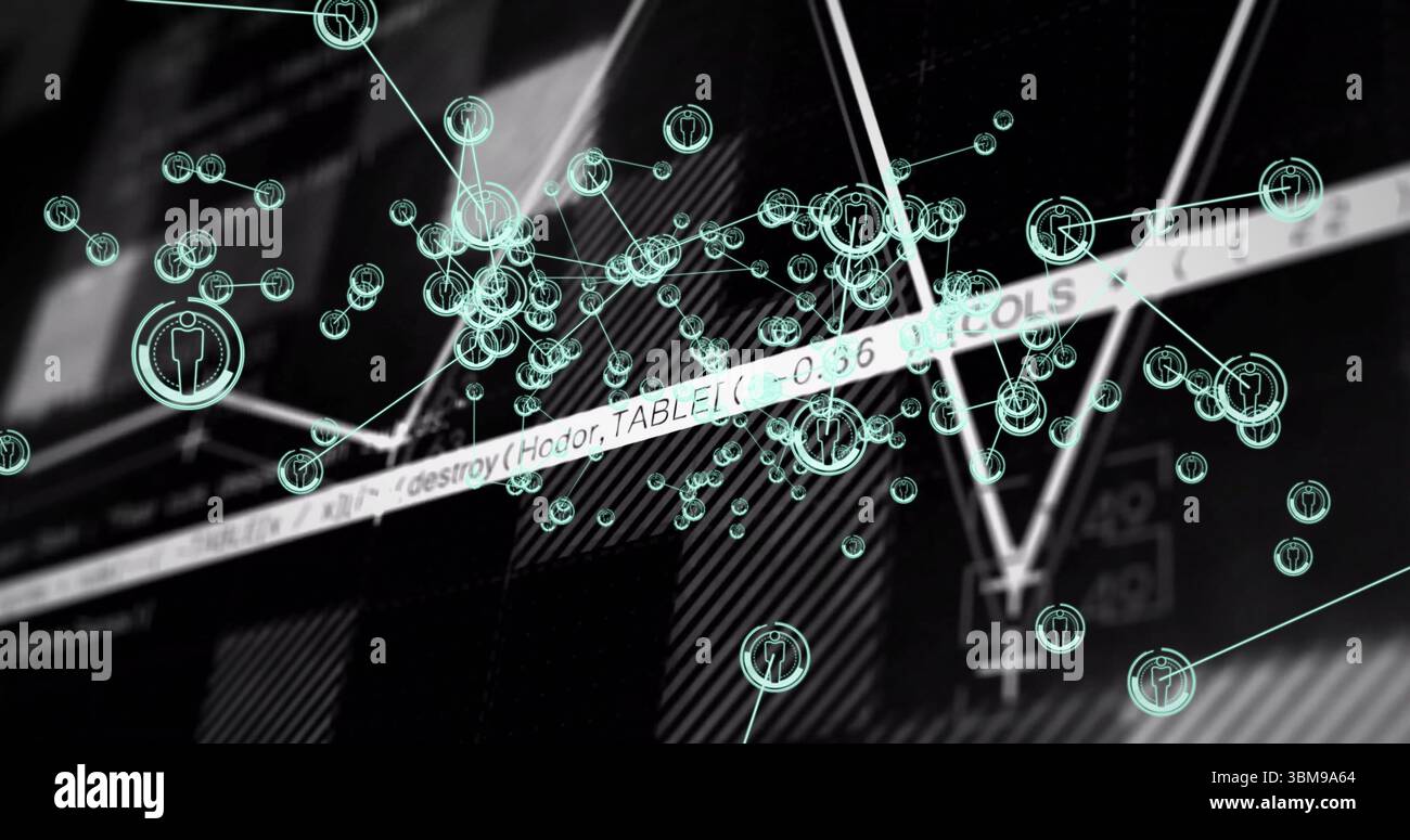 Displaying holographic turquoise network nodes linking gray panels in ...