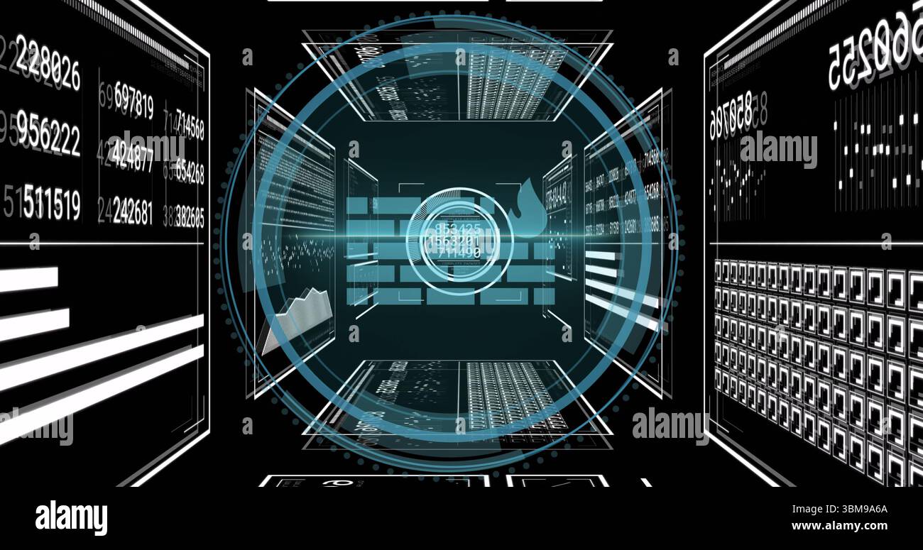 Central holographic interface pulsing in virtual hub with numeric panels, graphs and grid ...