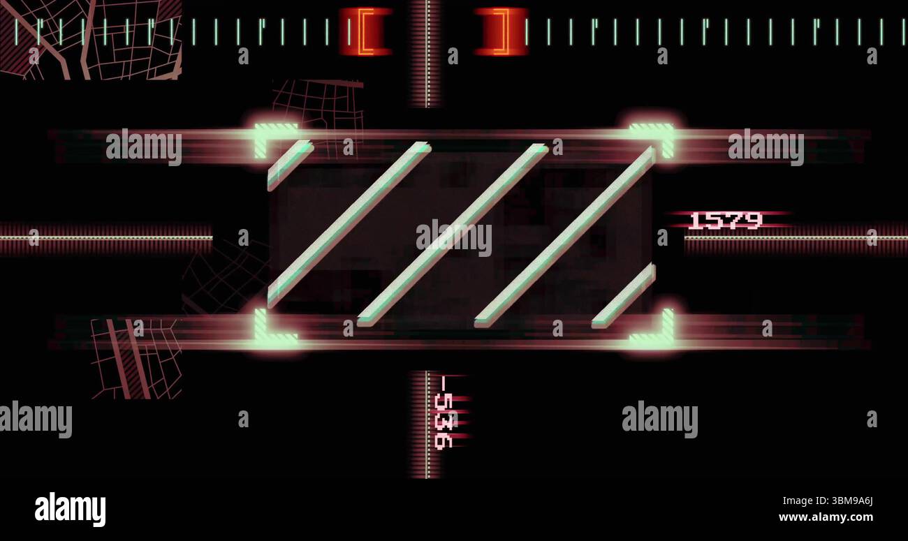 Showing glowing targeting frame with cyan bars, readouts and glitch ...