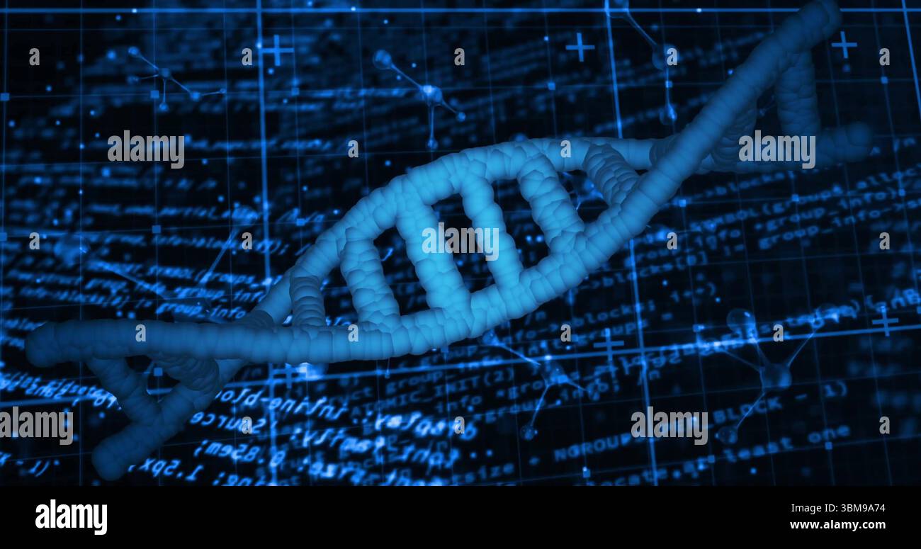 Displaying glowing 3D DNA double helix spinning within dark blue ...