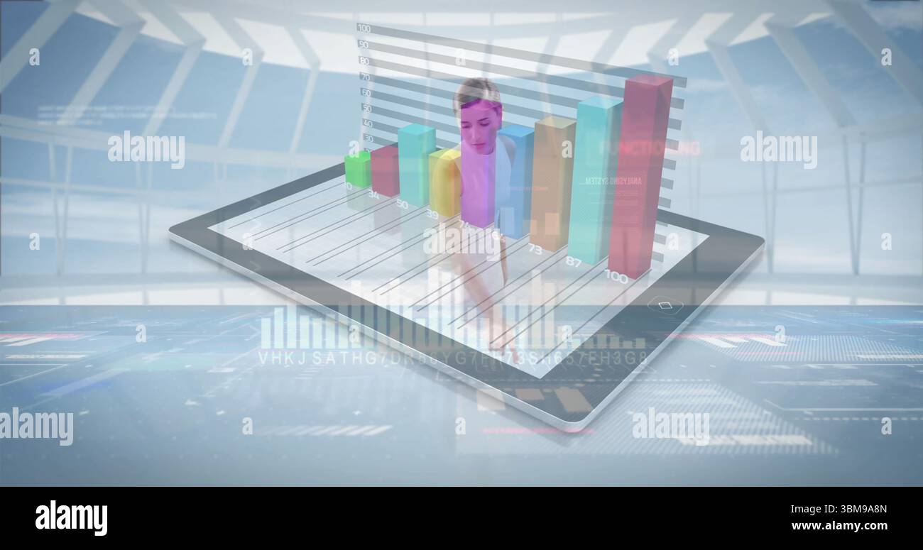 Displaying tablet with transparent analyst overlay projecting in glass ...
