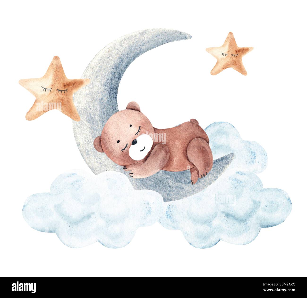 Watercolor cute Teddy Bear sleeps on moon with clouds and stars. Hand ...