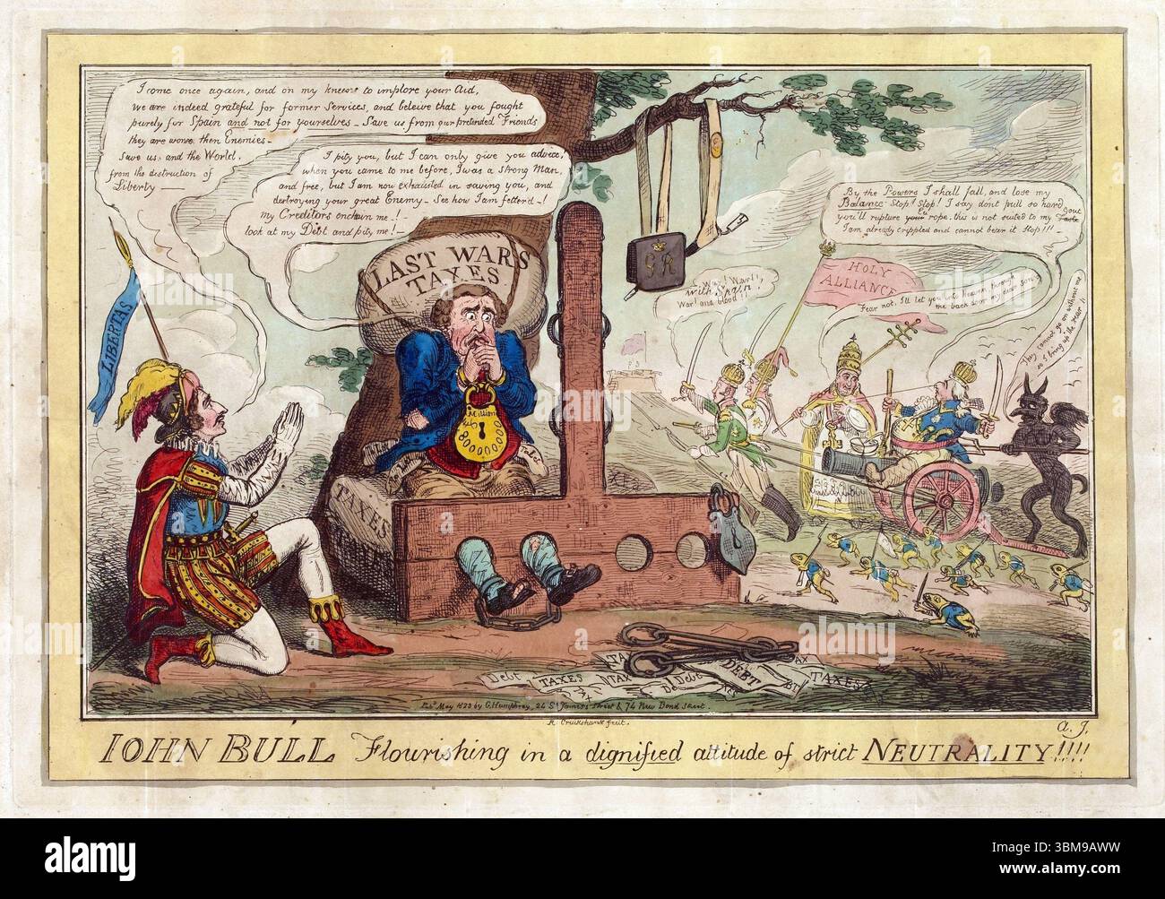 Georgian era engraving by Robert Isaac Cruikshank of John Bull flourishing in a dignified ...