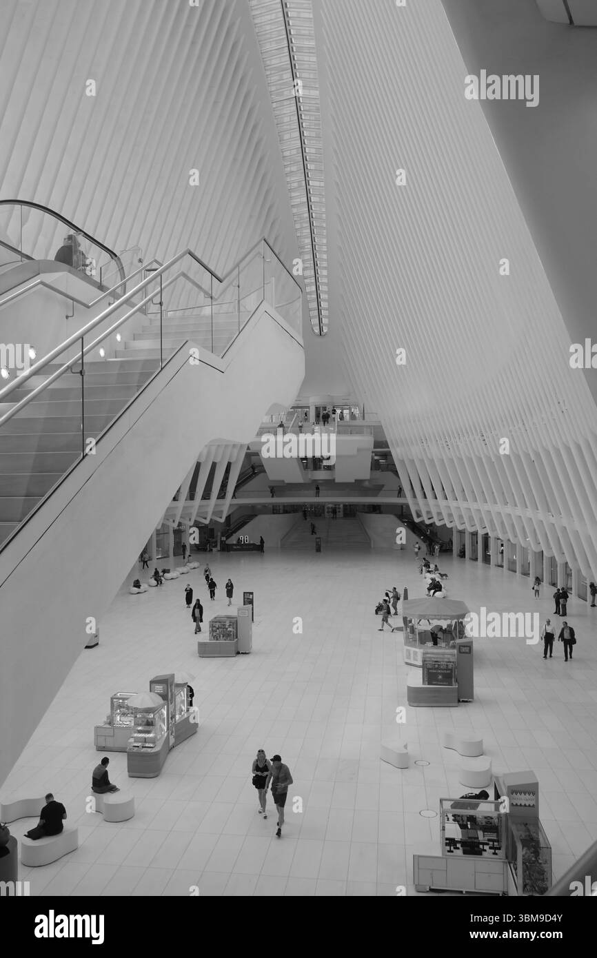 Interior Oculus of the World Trade Center station with people. The ...