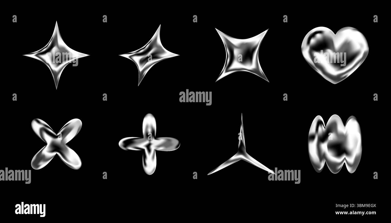 3D chrome shapes in Y2K silver style with stars, hearts and metallic liquid elements. Glossy ...