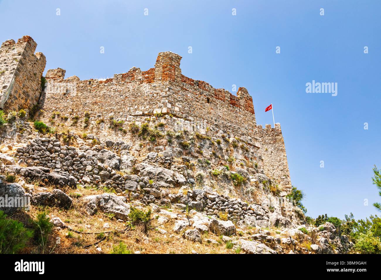 View from below of a fortified medieval stone wall topped with a ...