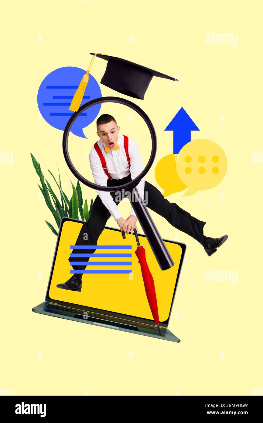 Vertical sketch 3d collage poster of happy girl guy stand laptop device ...