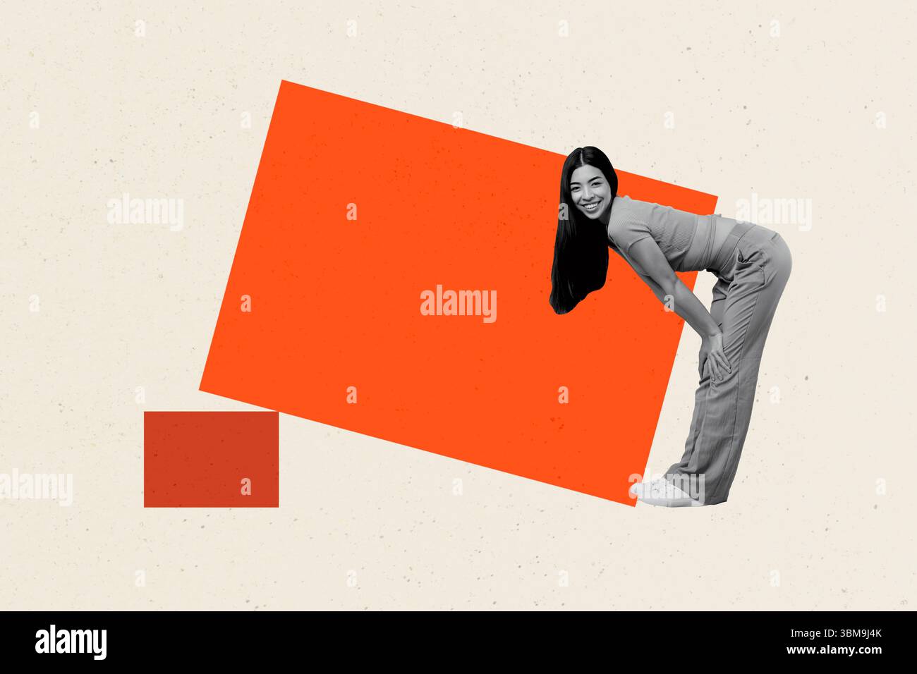 Collage poster of people standing near big square space on pastel red ...