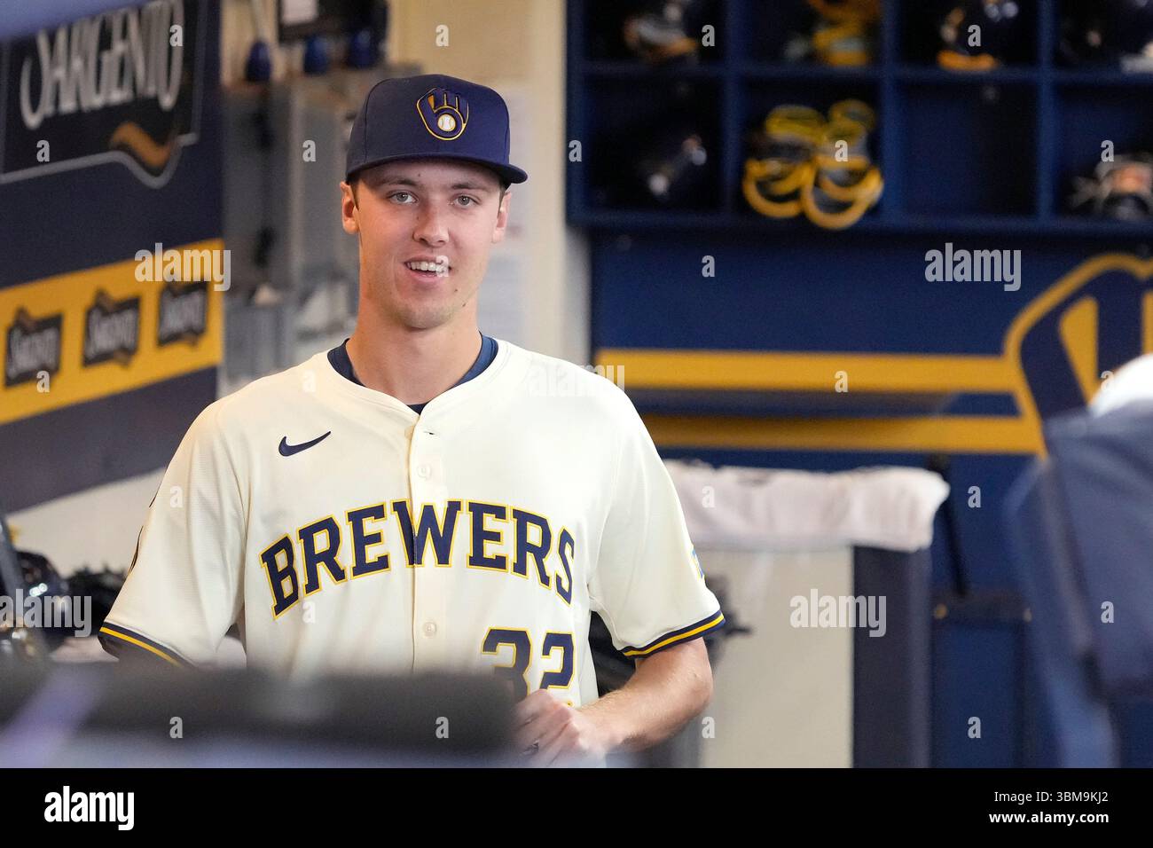 Milwaukee Brewers pitcher Jacob Misiorowski (32) walks through the ...