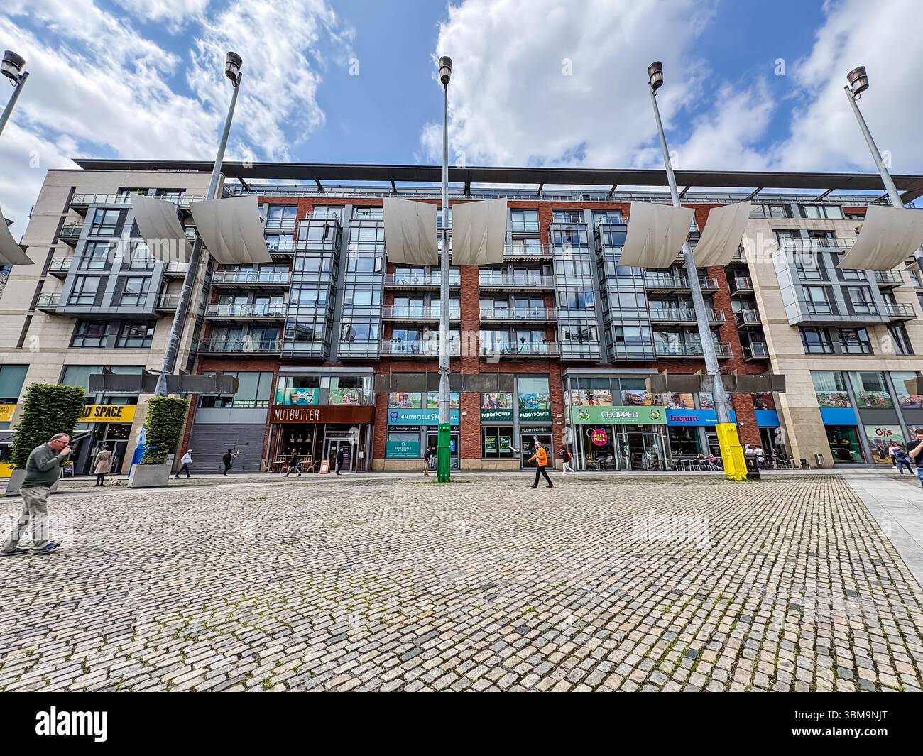 Smithfield Square, a public square in Dublin, Ireland, with cobblestone ...