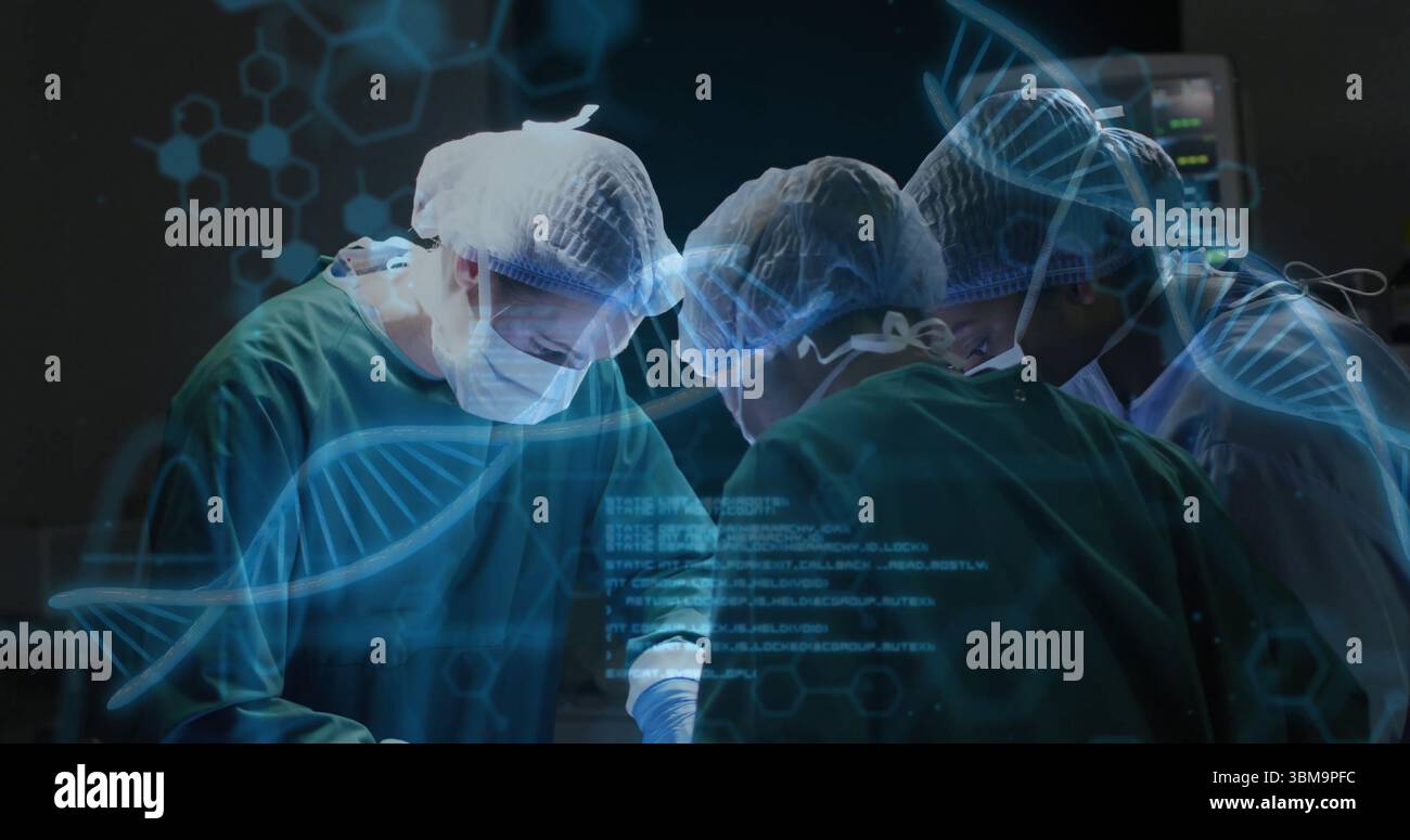 Operating surgical team performing complex procedure in hospital OR, with monitor and DNA ...