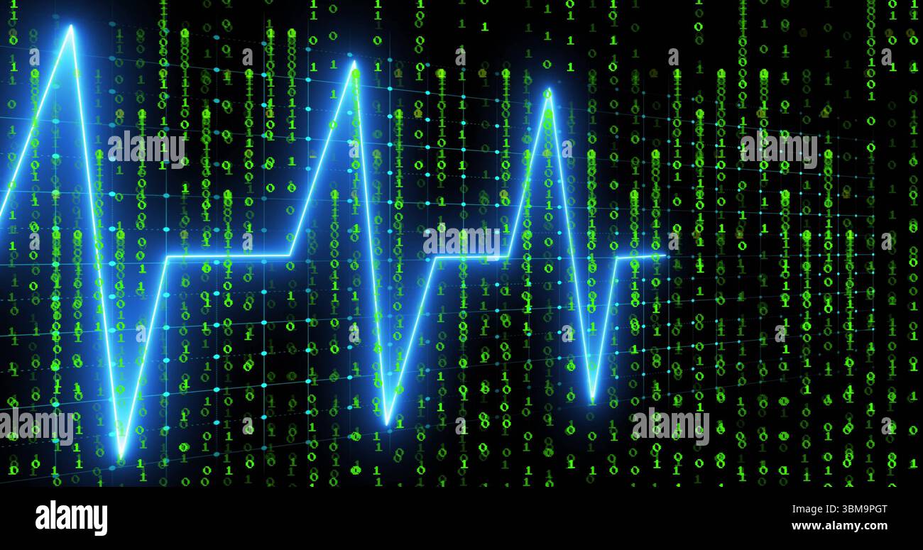 Streaming green binary digits in cyberspace visualization, pulsing neon ...
