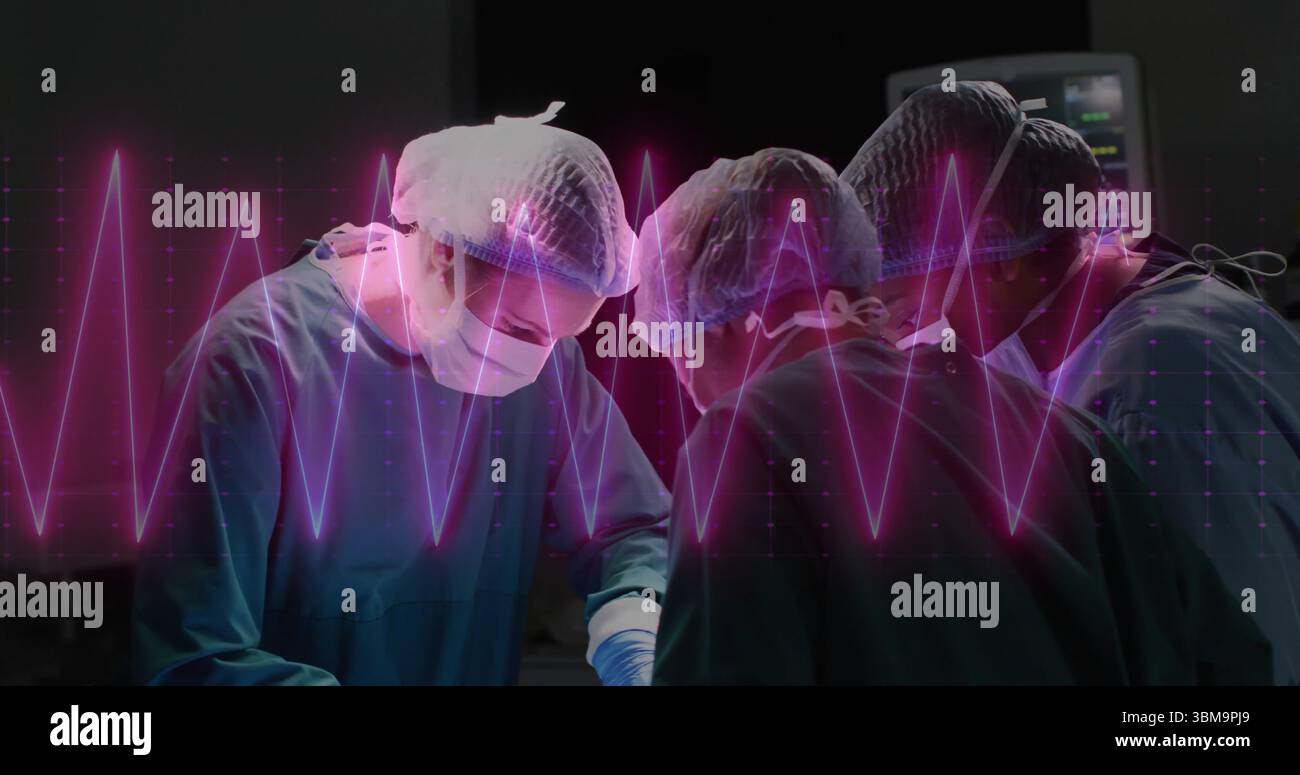 Performing surgery three surgeons leaning over table in surgery room ...