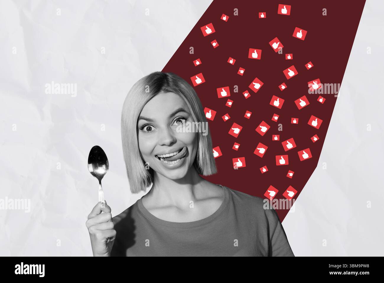 Creative full artwork collage of happy girl receive thumb up reaction ...