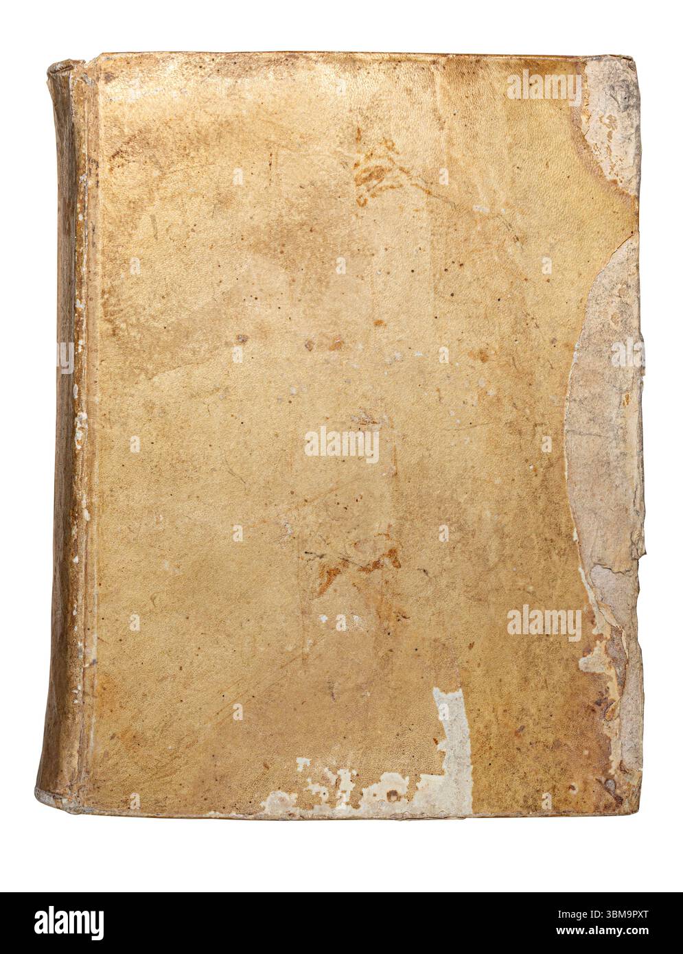 Antique book cover showing aging, torn paper, and stains, isolated on ...