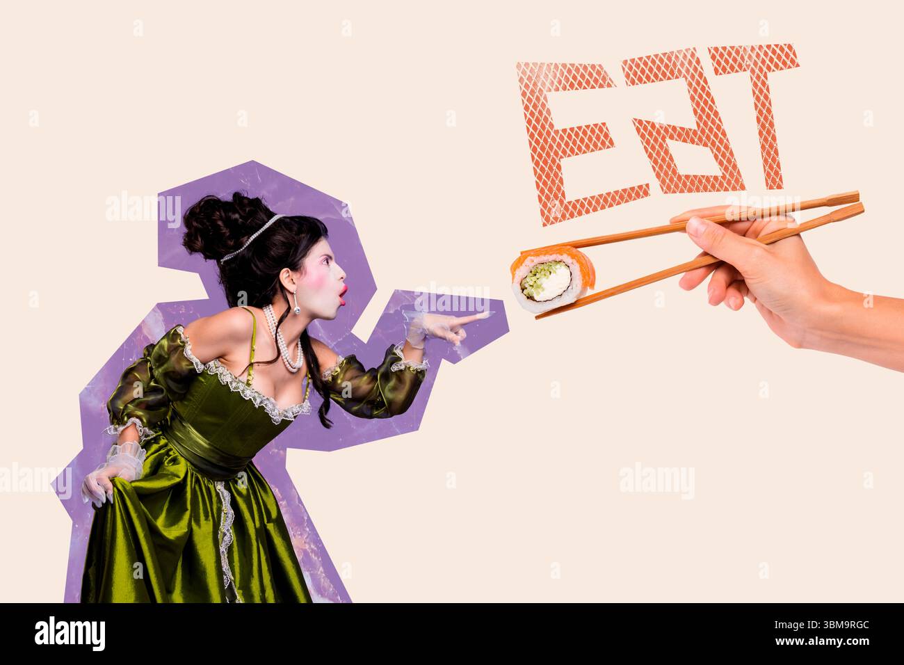 Collage design trend artwork sketch of hand hold two chopsticks sushi ...