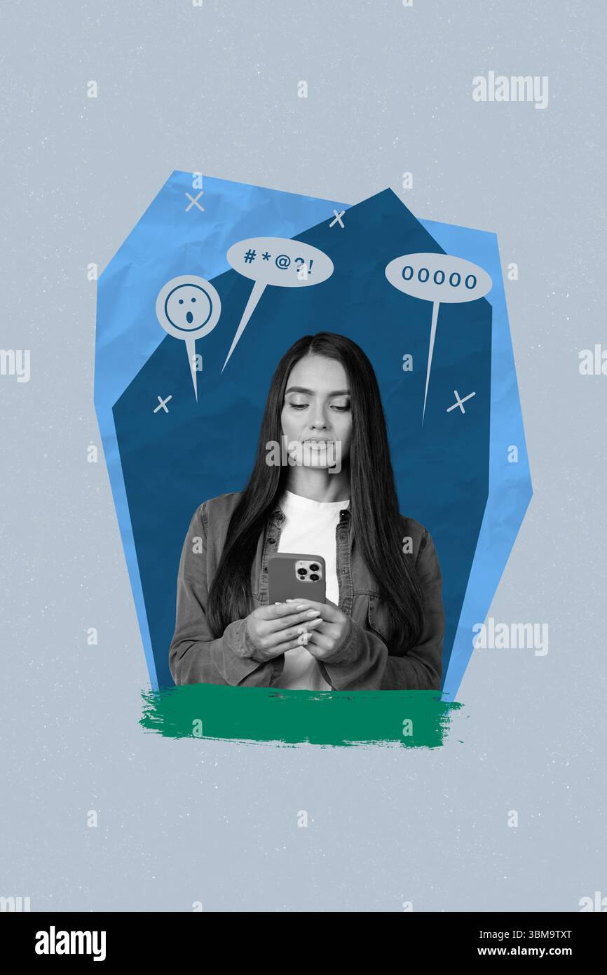 Pop image sketch 3d collage poster of happy girl guy receive cyberbully ...