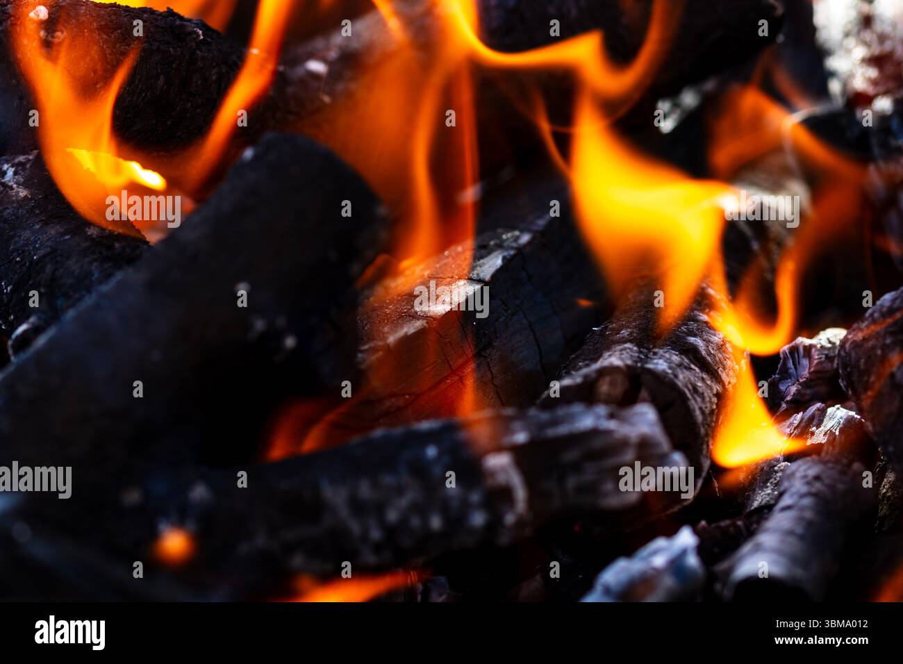 BBQ grill with burning wood and fire flames. Empty hot charcoal ...