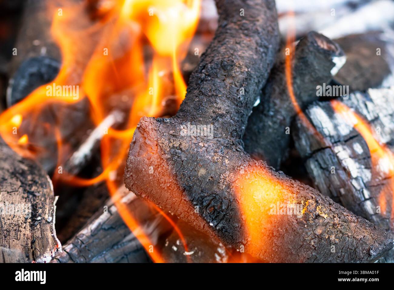 BBQ grill with burning wood and fire flames. Empty hot charcoal ...
