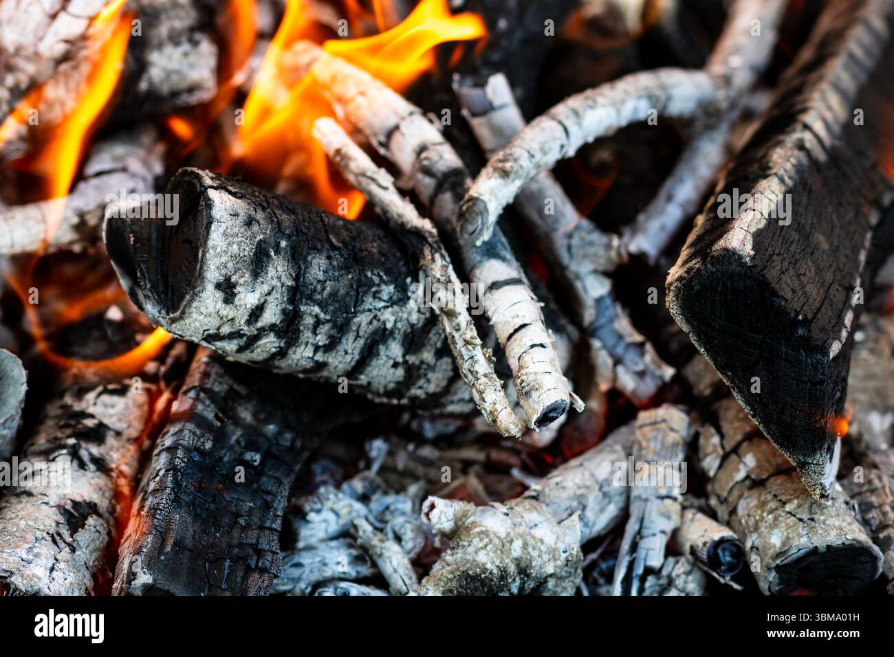 BBQ grill with burning wood and fire flames. Empty hot charcoal ...