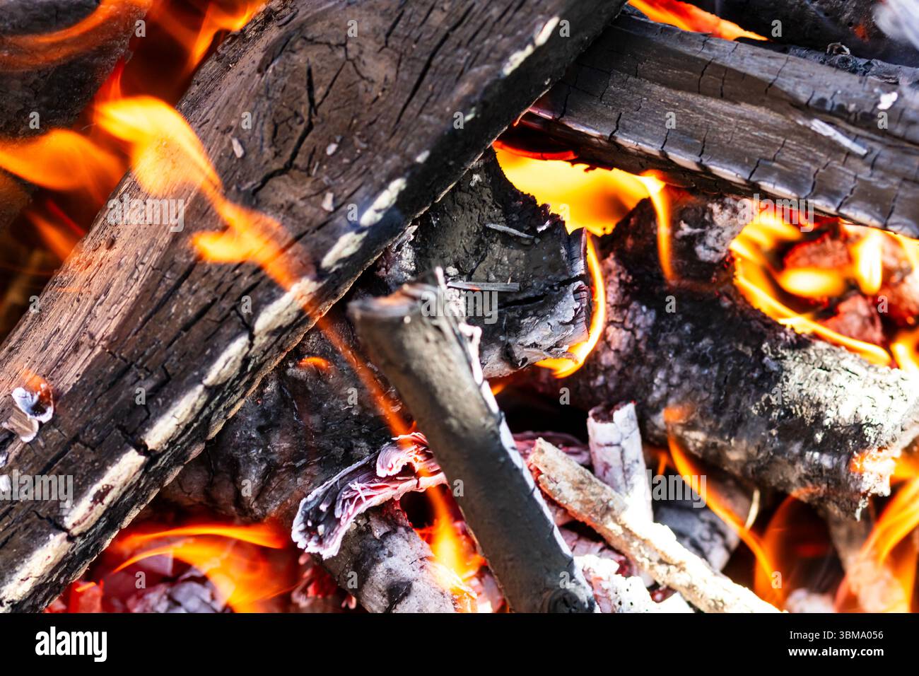 BBQ grill with burning wood and fire flames. Empty hot charcoal ...