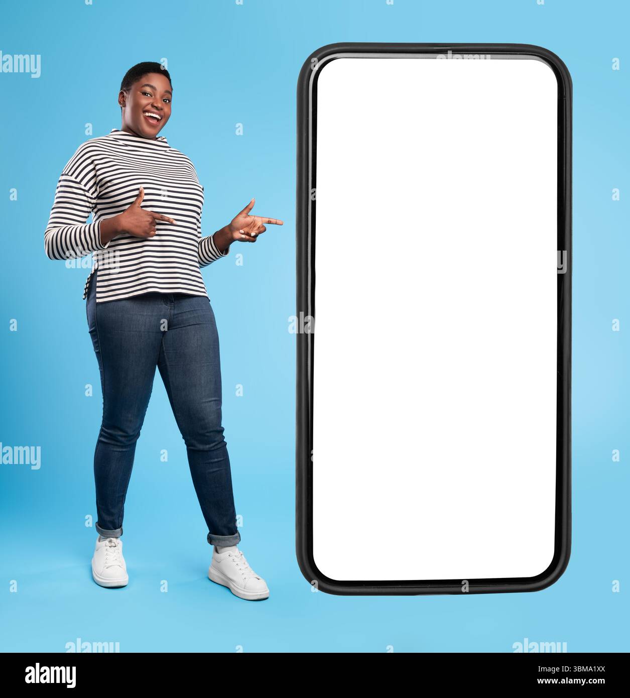 African Lady Standing Near Smartphone With Blank Screen, Blue ...