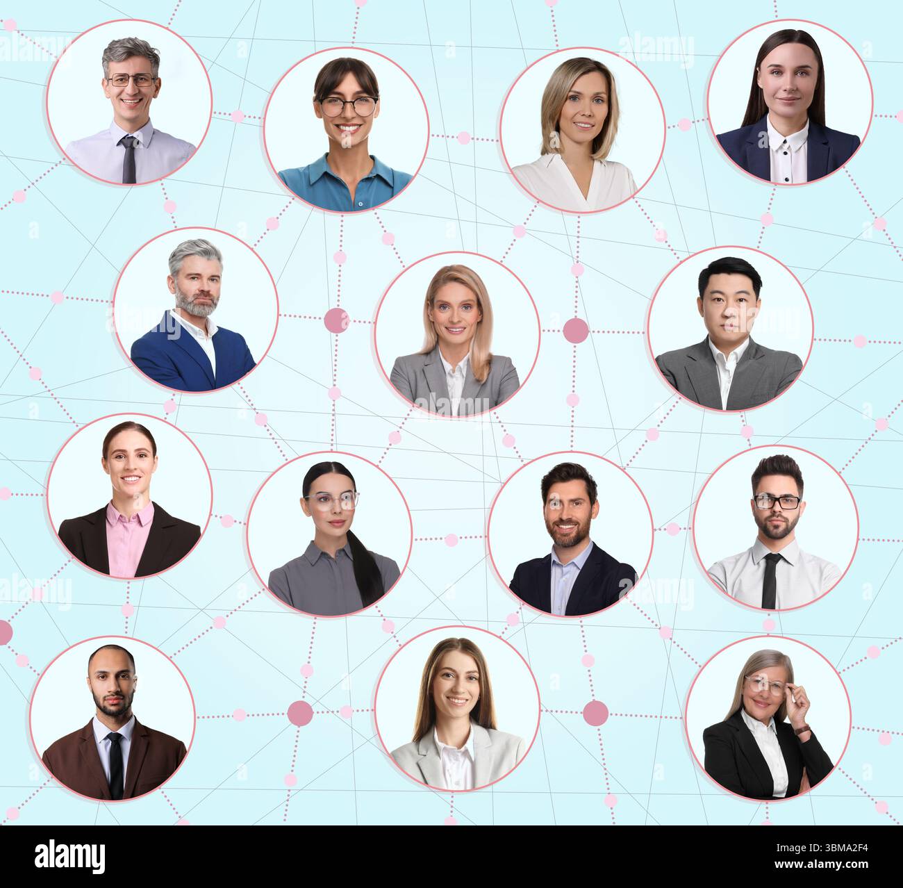 Network: business, communication, team. Circles with portraits of ...