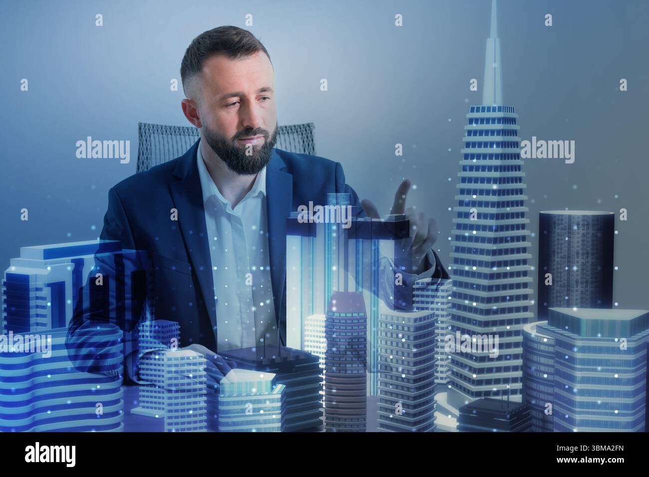 Building information modelling. Man using holographic projection of ...