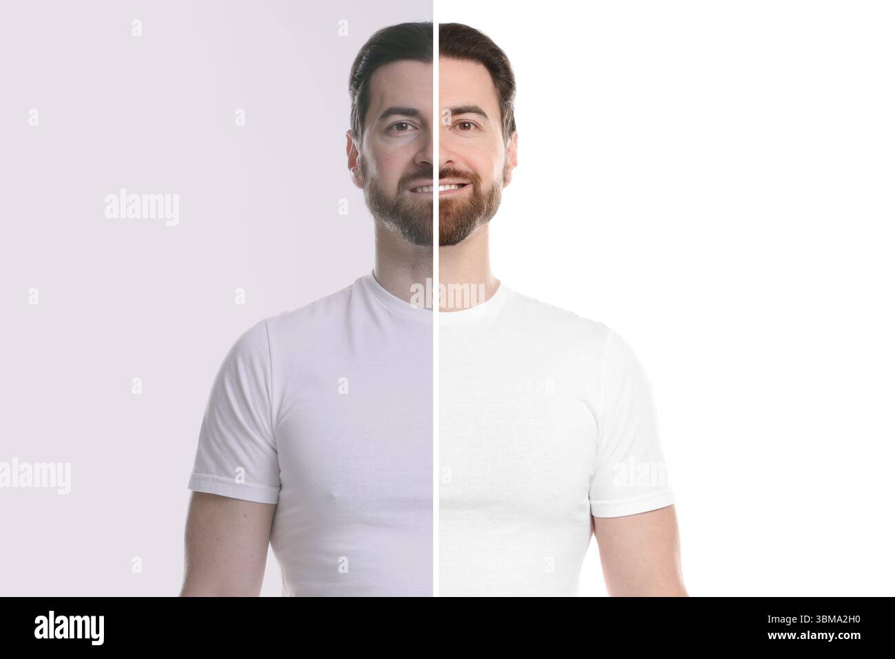 Portrait of man before and after retouching on white background Stock ...