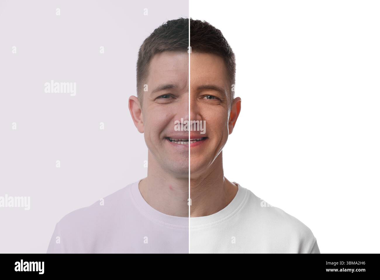 Portrait of man before and after retouching on white background Stock ...