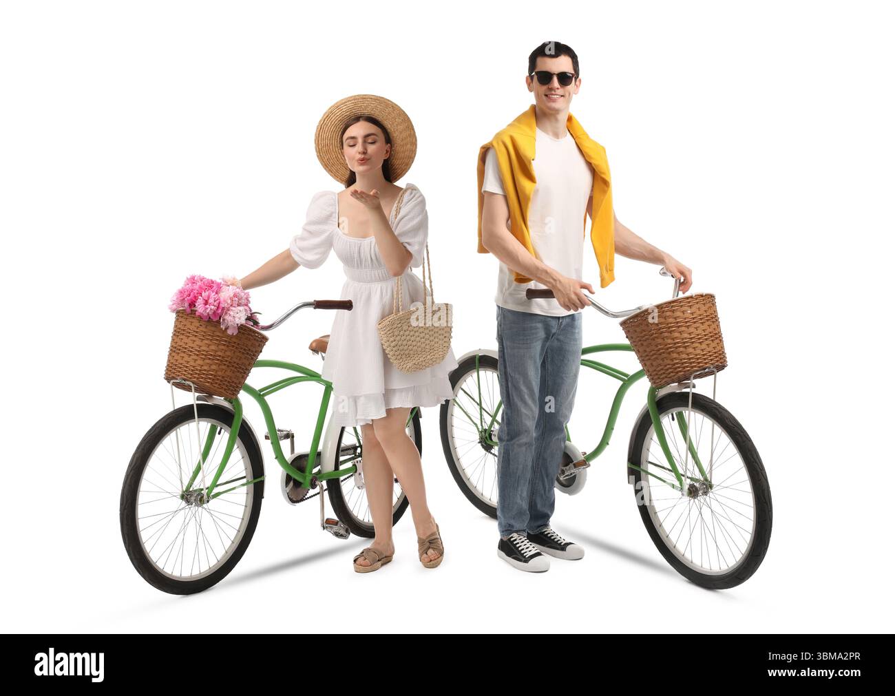 Handsome man and beautiful woman with bicycles on white background ...