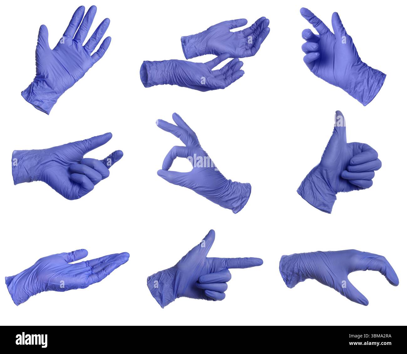 Blue nitrile medical gloves isolated on white, collage of gestures ...