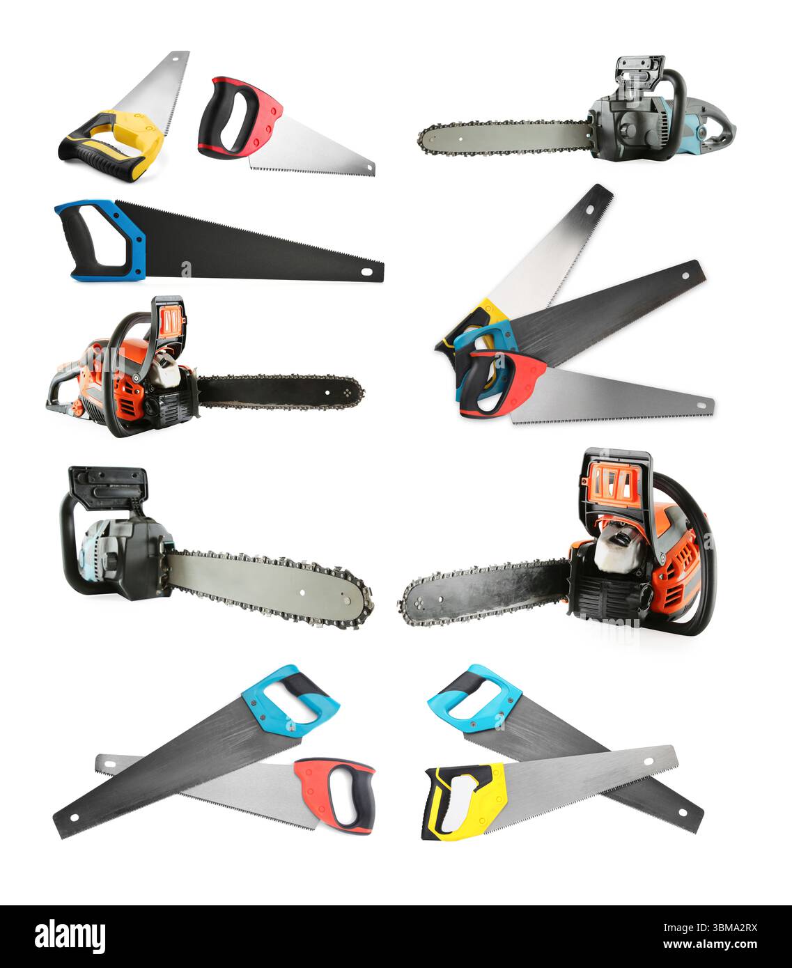Different hand saws and chainsaws isolated on white, collage Stock ...